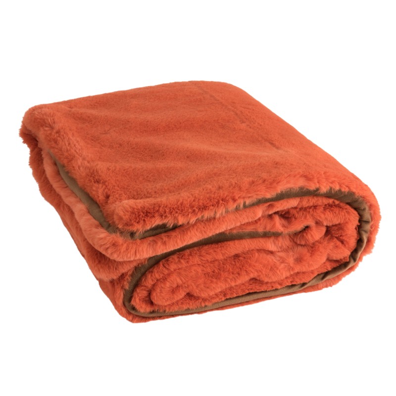 Plaid avec pompon en polyester pêche 170x130cm